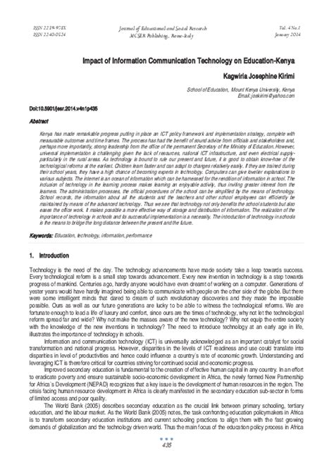 Pdf Impact Of Information Communication Technology On Education Kenya