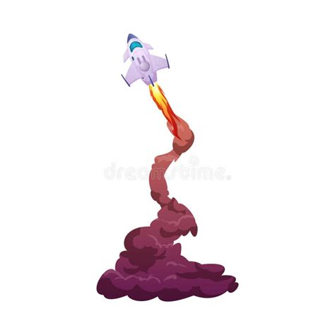 Cartoon Flying Rocket With Curve Flame Trail Shuttle Launching Fiery Gas Or Vapor Trace Vector