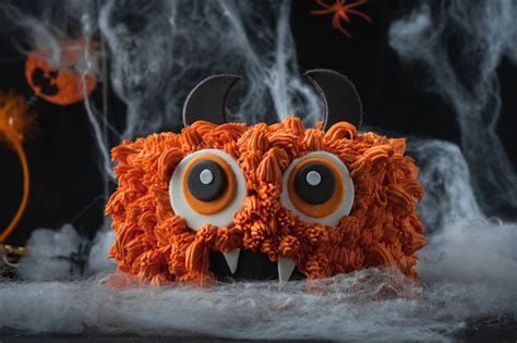 검은 유령 배경에 괴물 테마 케이크 거미줄에 거미로 둘러싸인 오렌지 푹신한 크림 치즈 서리가 내린 할로윈 케이크 거미에 대한