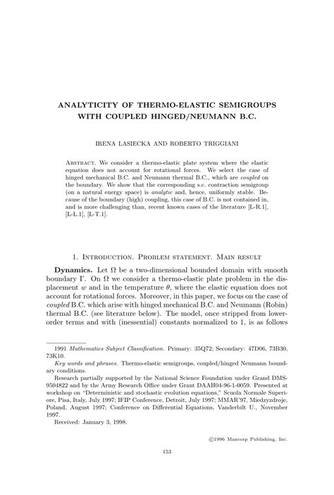 Pdf Analyticity Of Thermo Elastic Semigroups With Coupled Hinged