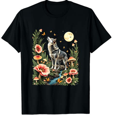 Artistic Wolf Howling Moon Mushroom Forest Unisex T Shirt