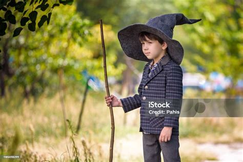 야외에서 마술 지팡이를 가지고 노는 뾰족한 모자를 쓴 유아 소년 작은 마법사 할로윈 개념 마술 지팡이에 대한 스톡 사진 및 기타 이미지 Istock