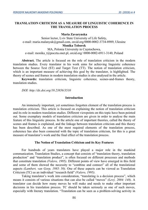Pdf Translation Criticism As A Measure Of Linguistic Coherence In The Translation Process