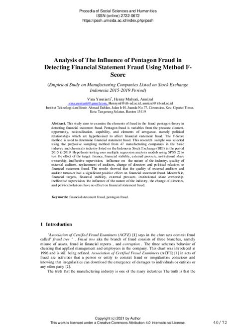 Pdf Analysis Of The Influence Of Pentagon Fraud In Detecting Financial Statement Fraud Using