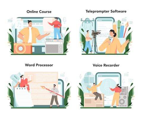 기자 온라인 서비스 또는 플랫폼 세트 신문 텔레비전 및 라디오 저널리즘 Tv 기자 온라인 코스 워드 프로세서 음성 녹음기 텔레프롬터 소프트웨어 벡터 평면 그림 무료 벡터