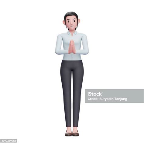 Namaste 제스처를 가진 3d 소녀 3d 렌더링 비즈니스 여성 캐릭터 일러스트 레이 션 3차원 형태에 대한 스톡 사진 및