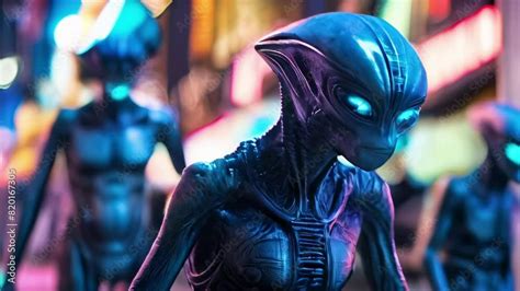 Sci Fi Alien Group In A Neon Lit Night City Alien Figures In A