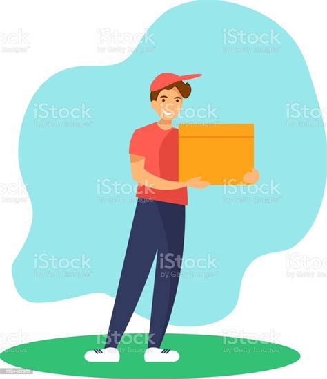 큰 골판지 상자를 들고 배달 남자 캡이 있는 빨간 유니폼을 입은 배달 서비스 노동자 Australian Labor Party에