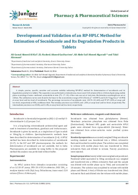 Pdf Development And Validation Of An Rp Hplc Method For Estimation Of Secnidazole And Its