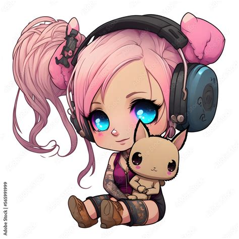 Illustrazione Stock D Chibi Emote Of Year Old Female DJane With Blonde Double Bun Hair Blue