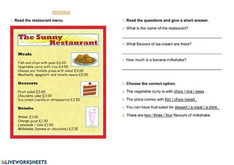 Reading Menu Worksheet Teacher Planning Reading English As A Second Language Esl