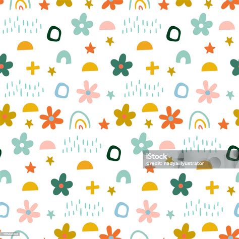 다른 손으로 그린 요소와 귀여운 심플 한 패턴 스칸디나비아 스타일의 장식 꽃원활한 패턴 아이 직물 섬유 보육 벽지에 적합합니다