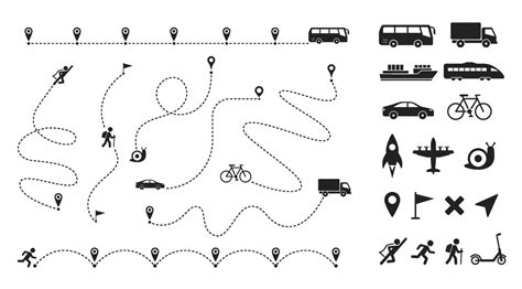 Dashed Line Route Travel Navigation Routes With Dash Line Path Location Pins And
