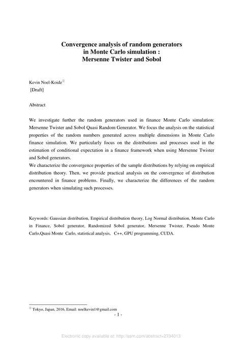 Pdf Convergence Analysis Of Random Generators In Monte Carlo