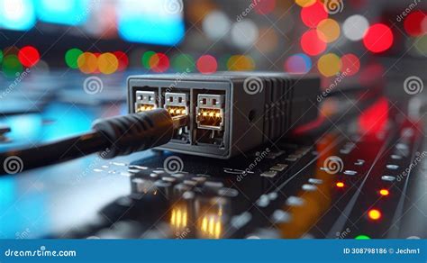 Ethernet Cables Connected To Network Switch With Bokeh Background Stock Illustration