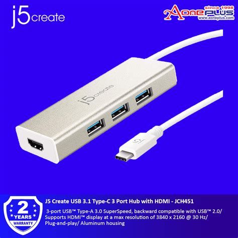 J5 Create Usb 3 1 Type C 3 Port Hub With Hdmi Jch451