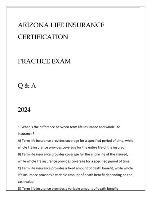 Arizona Life Insurance Certification Practice Exam Q And A 2024 Online