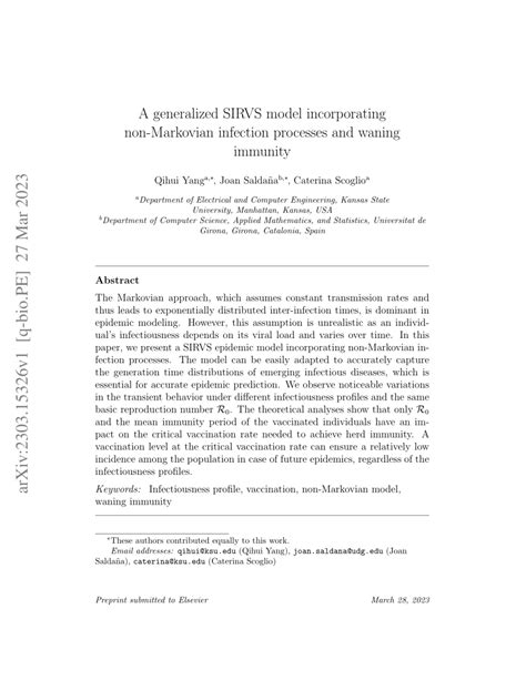 Pdf A Generalized Sirvs Model Incorporating Non Markovian Infection Processes And Waning Immunity