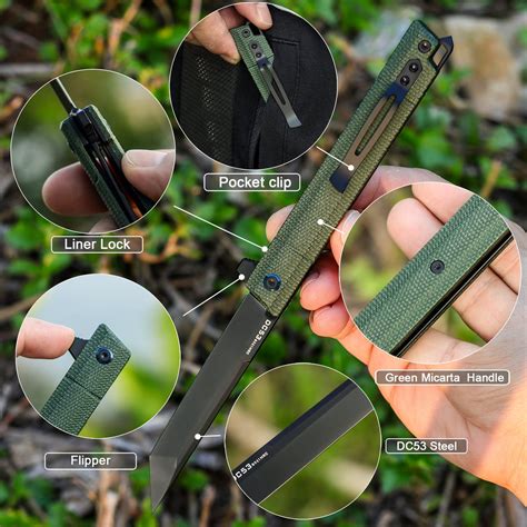 Foresail Folding Pocket Knives Pvd Dc53 Steel Blade Green Micarta Hand Foresail Knife