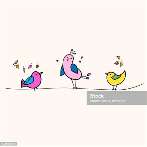 전선에 앉아 재미 다채로운 새 작은 만화 새와 색상 플랫 벡터 일러스트 귀여운 캐릭터 카드 어린이를위한 엽서 새에 대한 스톡