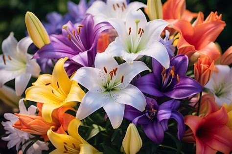 Vibrant Photograph Of A Lily Bouquet In Colorful Garden Premium Ai