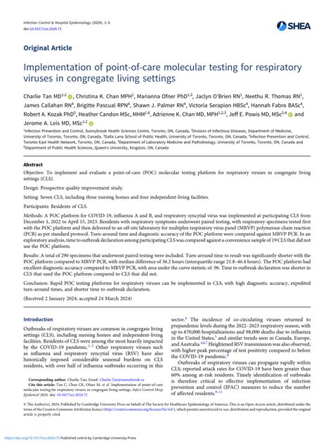 Pdf Implementation Of Point Of Care Molecular Testing For Respiratory Viruses In Congregate