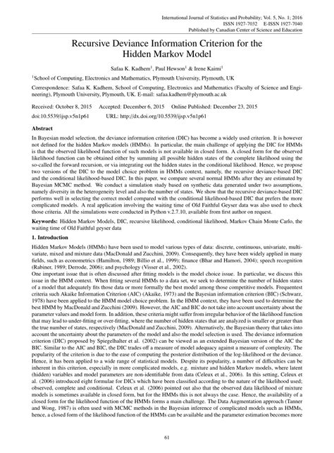 Pdf Recursive Deviance Information Criterion For The Hidden Markov Model