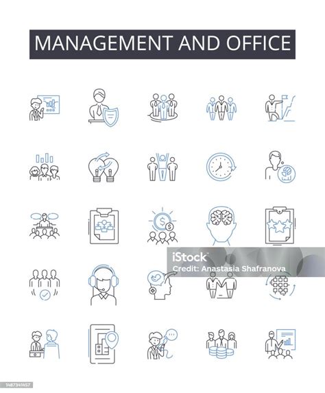 관리 및 사무실 라인 아이콘 컬렉션입니다 기업 중앙 허브 베이스 메인 센터 자본 벡터 및 선형 그림 신경 센터 앵커 중앙 집중식 개요 표지판 세트 관제실에 대한 스톡 벡터