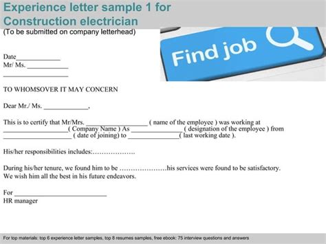 Construction Electrician Experience Letter PPT Resume Writing And Advice Job Search