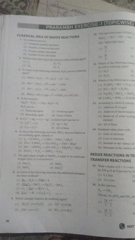 Prarambh Exercise 1 Topicwise Classical Idea Of Redox Reactions 1 Nu
