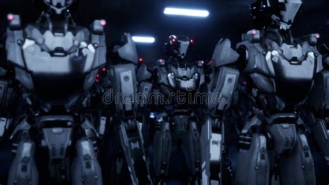 3d Rendering Of Robotics Army Industrial Group Of Cyborg Machines On
