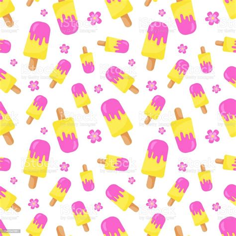 스틱에 화려한 아이스크림재미있는 매끄러운 패턴 노란색 분홍색 및 흰색 색상 긍정적 인 여름 분위기 끝없는 디자인 직물 옷 선물 랩 카드 디자인 및 장식용 인쇄물 귀여운에