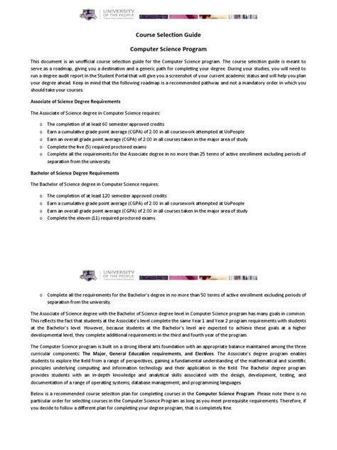 Course Selection Guide Computer Science Program Associate Of Science Degree Requirements Pdf
