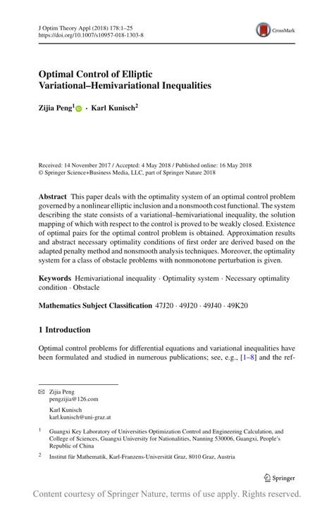 Optimal Control Of Elliptic Variationalhemivariational Inequalities Request Pdf