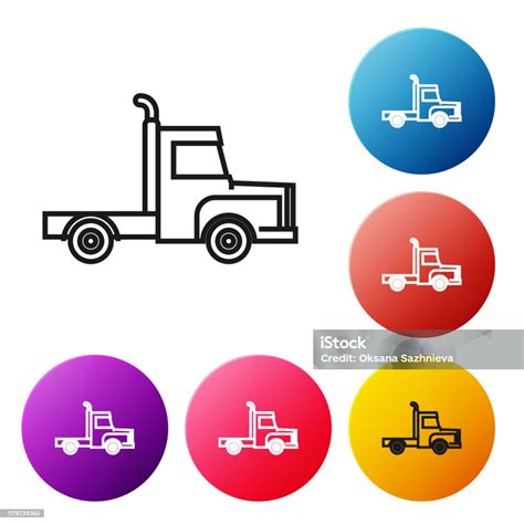 흰색 배경에 고립 된 검은 선 배달화물 트럭 차량 아이콘 아이콘 다채로운 원 버튼을 설정합니다 벡터 일러스트레이션 개념에 대한 스톡 벡터 아트 및 기타 이미지 Istock