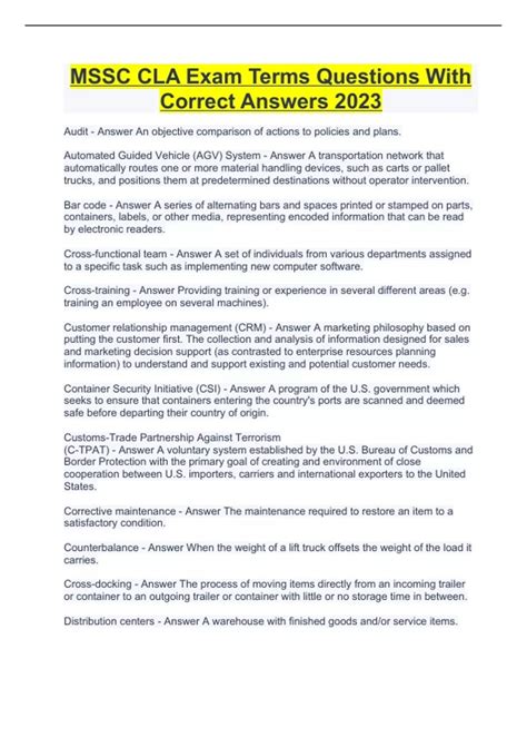 MSSC CLA Exam Terms Questions With Correct Answers CLA Stuvia US