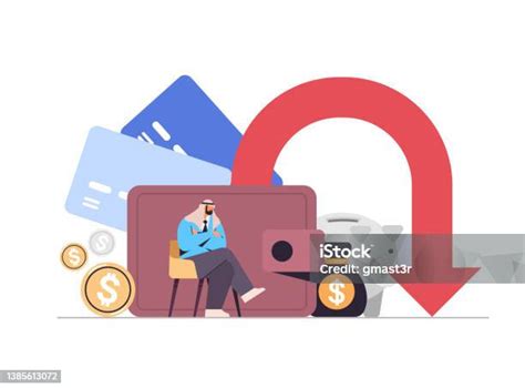 좌절 아랍 사업가 앉아 아래쪽 빨간색 화살표 경기 침체 금융 위기 파산 개념 가격에 대한 스톡 벡터 아트 및 기타 이미지 가격 가을 감소 Istock