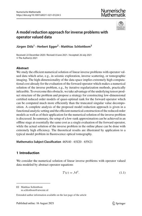 Pdf A Model Reduction Approach For Inverse Problems With Operator Valued Data