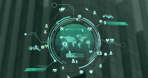 Animation Of Circular Scanner Processing World Map And Network Of Medical Icons On Dark