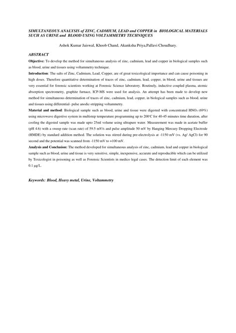 Pdf Simultaneous Analysis Of Zinc Cadmium Lead And Copper In Biological Materials Such As