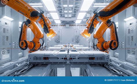 Advanced High Precision Robot Arms On Fully Automated Pcb Assembly Line Inside Modern