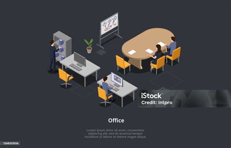 사무실에서 작업 우주 개념 4명의 사무실 근로자 모임 컴퓨터 및 이사회 재무 보고서 토론을 사용하여 함께 작업 어두운 배경에 대한 3d 등색 벡터 일러스트레이션 책상에 대한