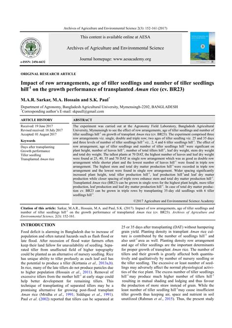Pdf Impact Of Row Arrangements Age Of Tiller Seedlings And Number Of Tiller Seedlings Hill 1