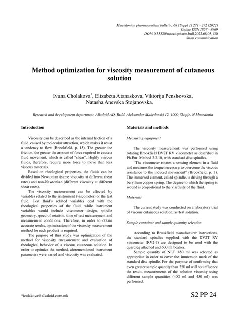 PDF Method Optimization For Viscosity Measurement Of Cutaneous Solution