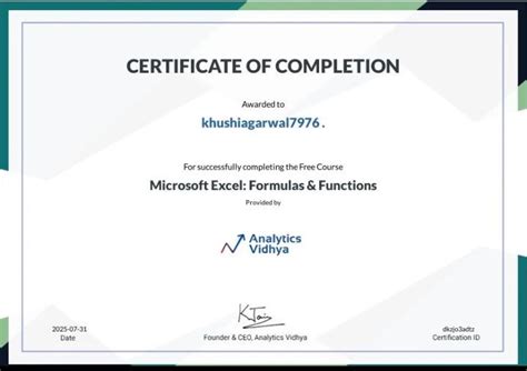 Microsoftexcel Analyticsvidhya Excelformulas Excelfunctions Learningneverstops Certificate