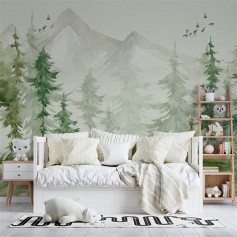 Botanical Trees Mountains Wallpaper Mural Silk Interiors Wallpaper