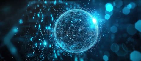 Digital Sphere With Interconnected Nodes And Glowing Particles In Blue