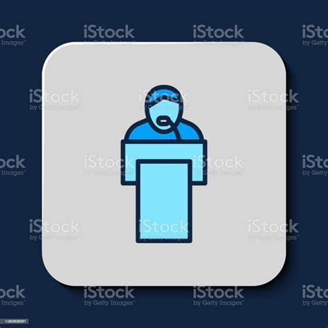 채워진 개요 파란색 배경에 격리된 강의 아이콘을 제공합니다 연단 근처에 서십시오 마이크에 대고 말합니다 연사는 강의와 몸짓을합니다 벡터 가득 찬에 대한 스톡 벡터 아트 및