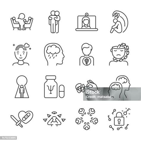 정신 건강 아이콘을 설정합니다 심리적 도움 심리학자 정신 건강 개선 불안 및 신경증 치료 정신 평형 선형 아이콘 수집 편집 가능한 획이 있는 선 아이콘에 대한 스톡 벡터