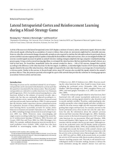 Pdf Lateral Intraparietal Cortex And Reinforcement Learning During A Mixed Strategy Game